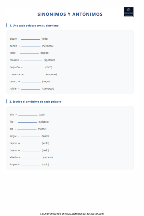 Ejercicios de sinónimos y antónimos 6 primaria