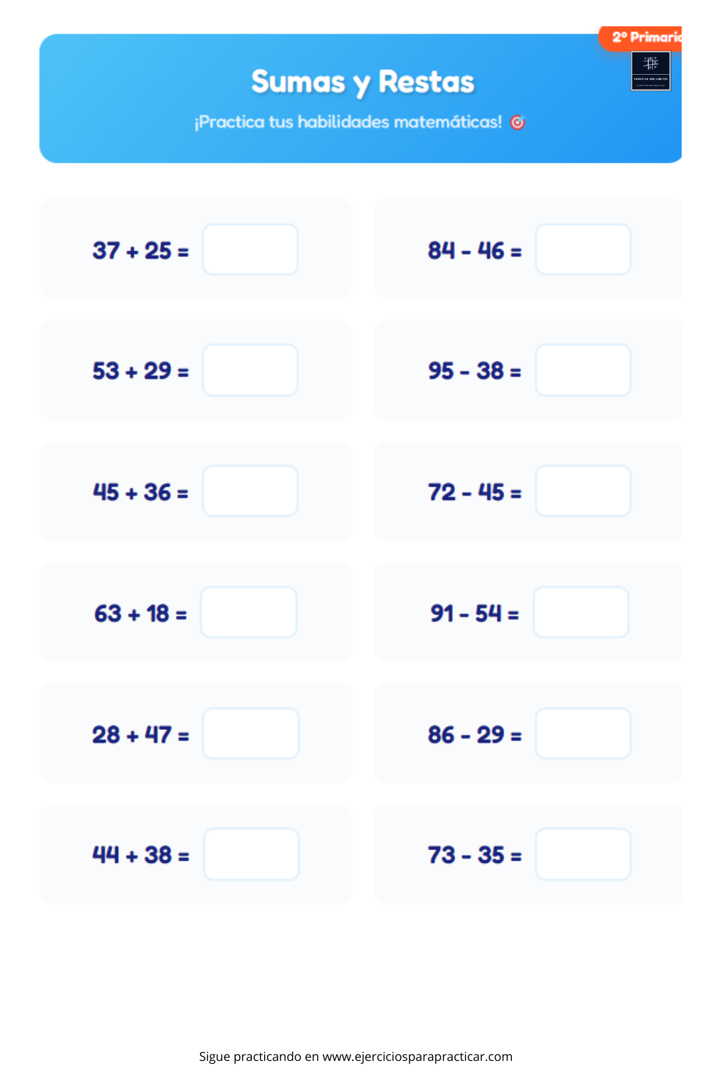 Sumas y restas segundo de primaria - Ejercicios Gratis