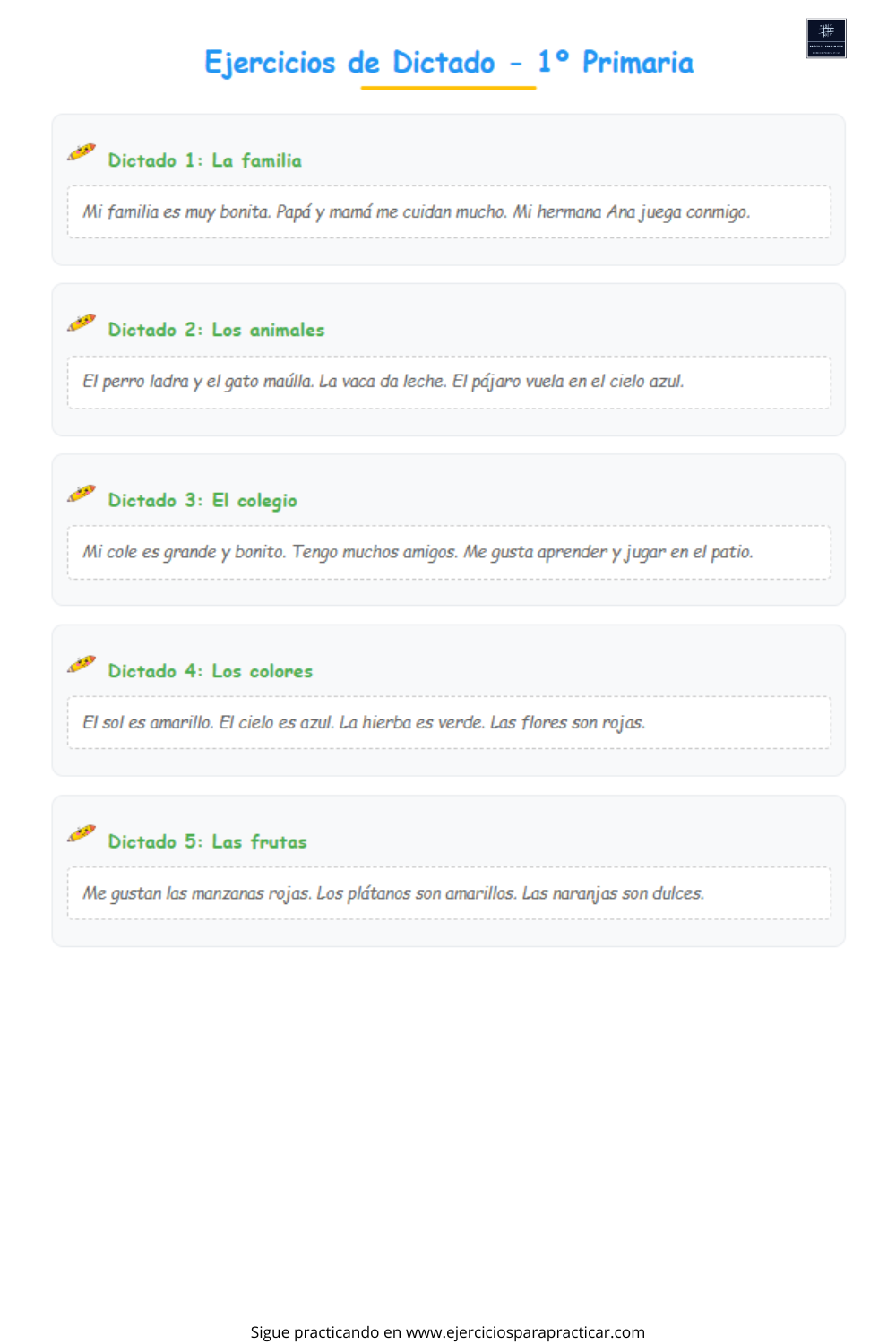 Dictados Primero de Primaria - Ejercicios ilimitados