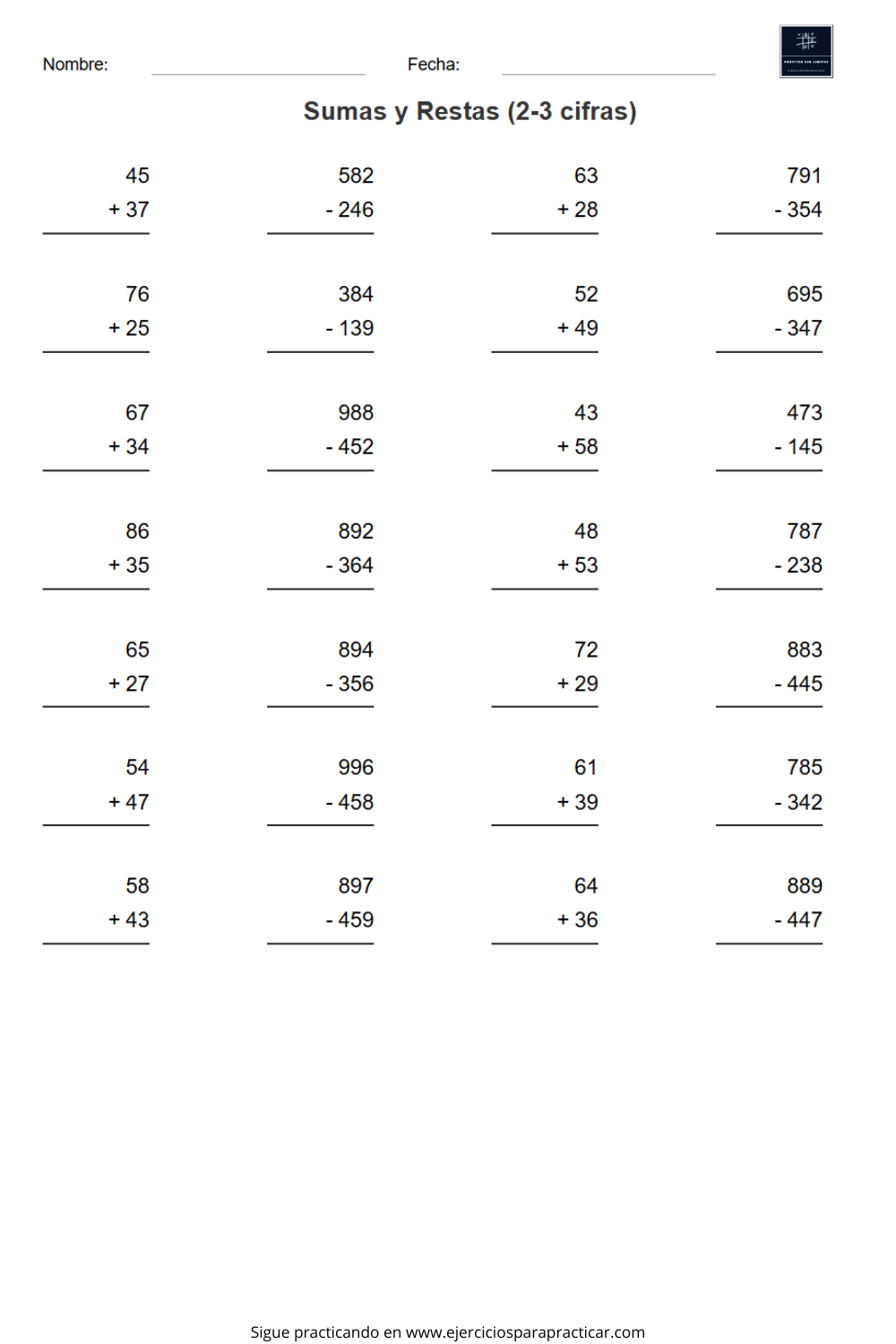 Ejercicios de sumas y restas para primaria